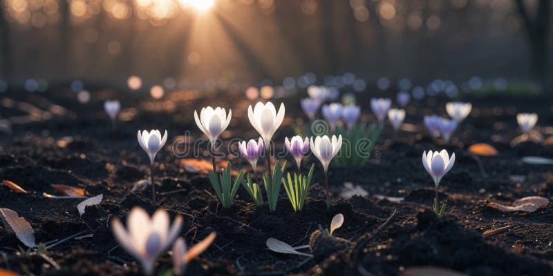 Spring Crocus Emerging from Soil at Sunrise Stock Photo - Image of ...
