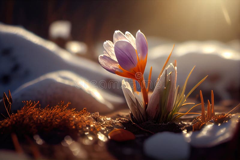 Spring Crocuses Flowers Under Snow Made with Generative AI Stock ...