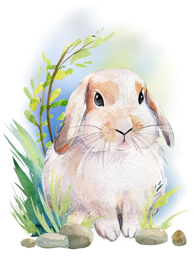 Spring Cute Rabbit on the Grass, Watercolor Postcard, Fluffy Bunny ...