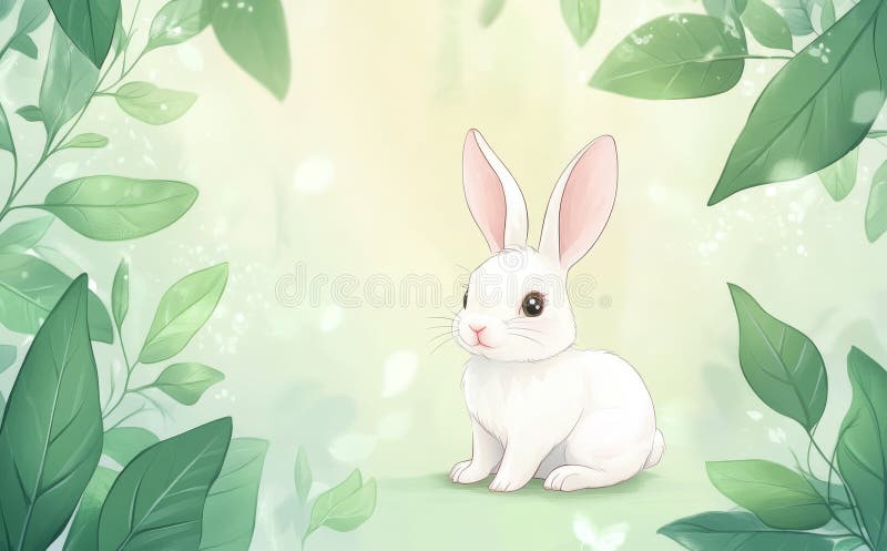 During Spring, this Cute White Rabbit is Surrounded by Soft Green ...
