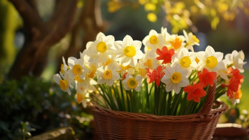 Spring Daffodils Basket in Lush Garden Scene Stock Illustration ...