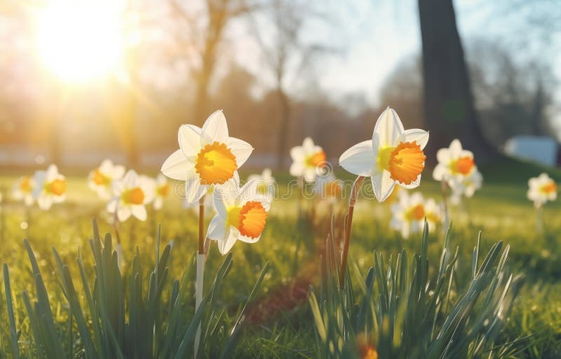 Spring Daffodils on the Grass Sun Stock Photo - Image of spring, nature ...