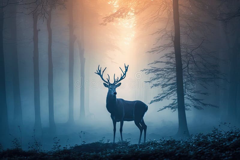 Spring Dawn with Deer in the Misty Forest Stock Photo - Image of horn ...