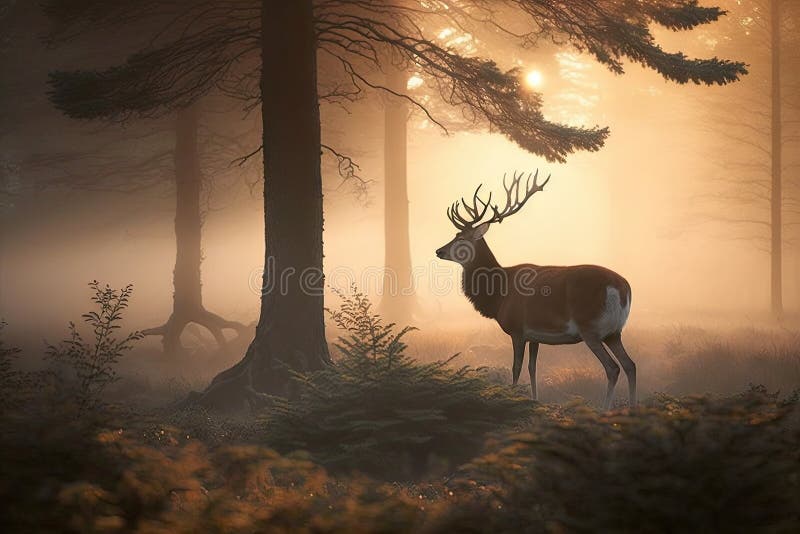 Spring Dawn with Deer in the Misty Forest Stock Image - Image of spring ...