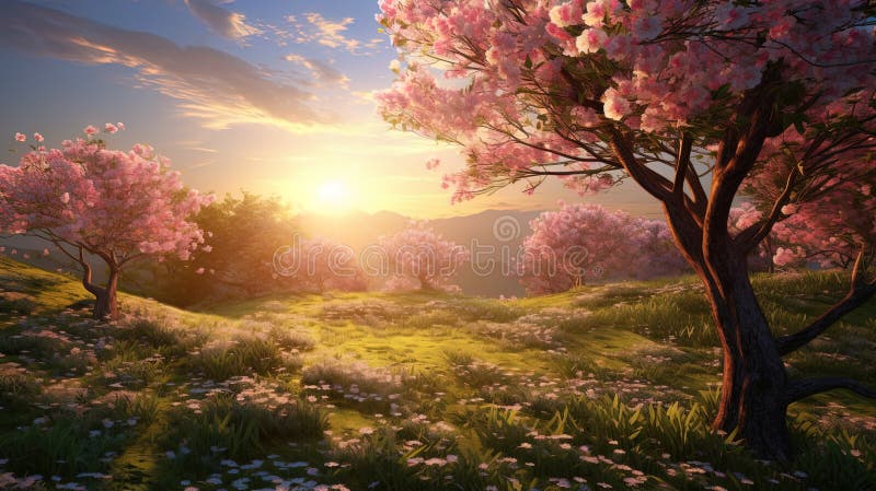 Spring Dawn Flowering Trees Under the Morning Sun Stock Illustration ...