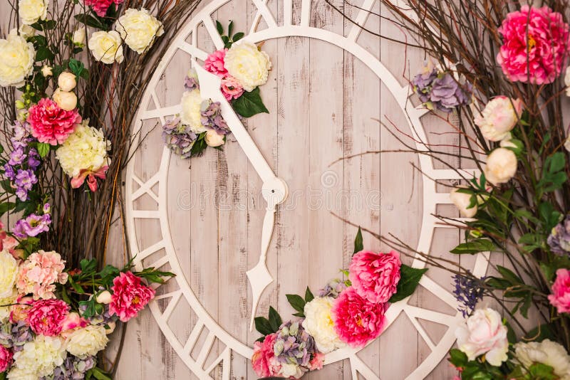 Spring Decoration with a Big Clock in the Interior Stock Photo - Image ...