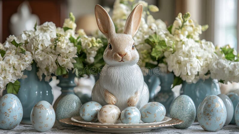 Spring Decorations with Bunny Figures and Decorated Eggs on a Festive ...