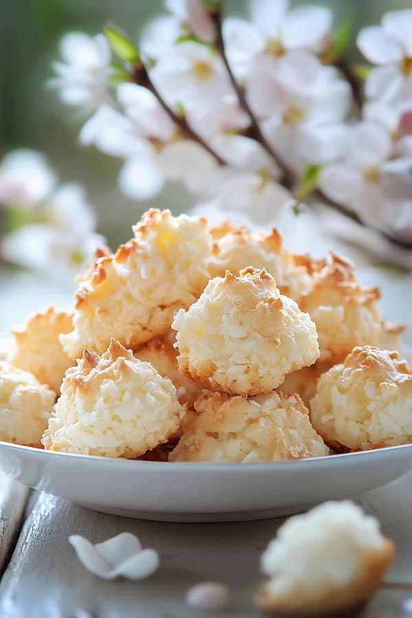 Spring Dessert Coconut Macaroons with Blossoms Background Stock Photo ...