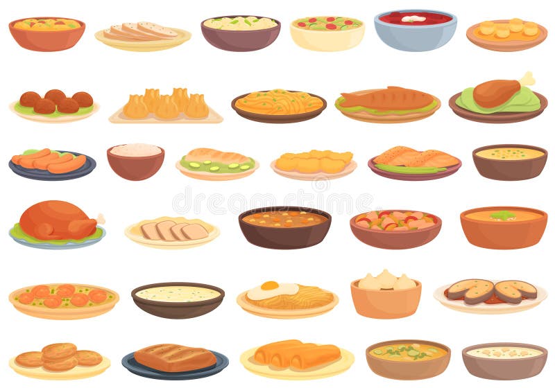 Spring Dinner Icons Set Cartoon . Family Table Stock Illustration ...