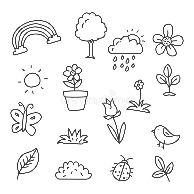 Spring Doodle Collection Isolated on White Background Stock Vector ...