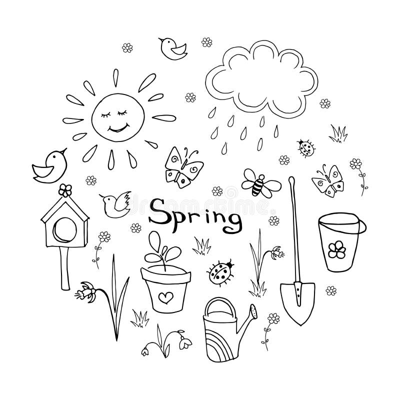 Spring Doodle Set. Blue Butterflies and Dragonflies. Hand Drawn Simple ...