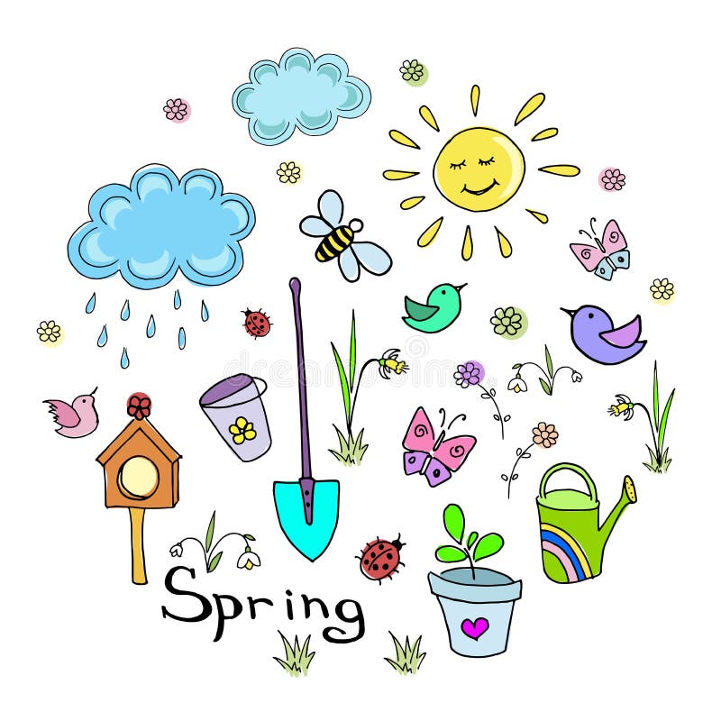 Spring Doodle Collection. Set of Simple Hand-drawn Cute Elements Stock ...