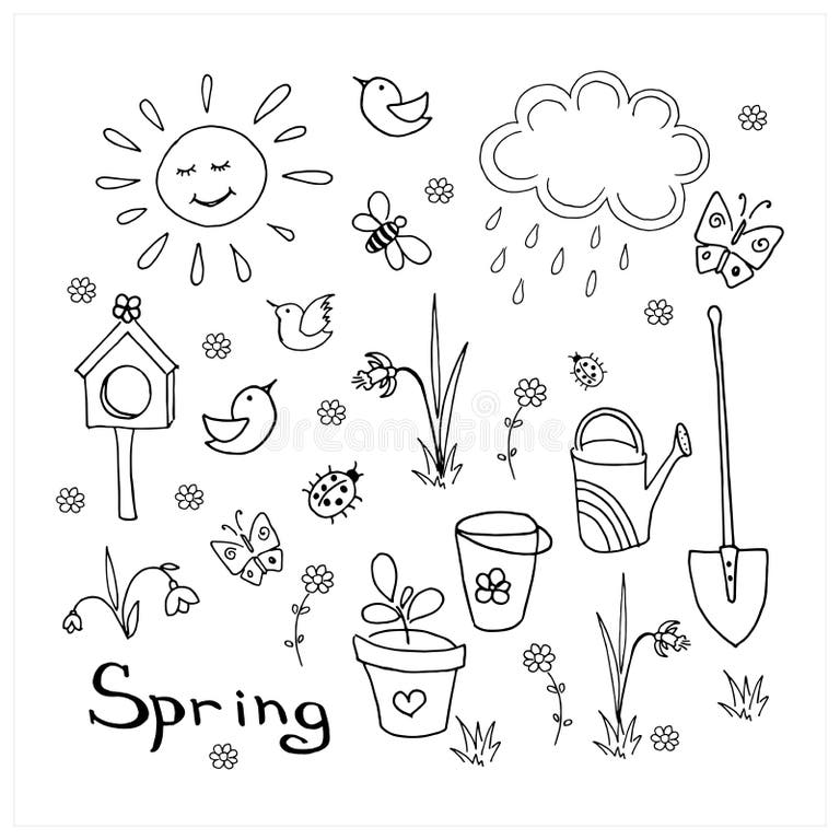Spring Doodle Set. Collection of Simple Hand-drawn Cute Elements Stock ...