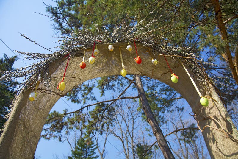 Spring Easter Arch, Decorated with Willow. Painted Eggs Hanging on the ...