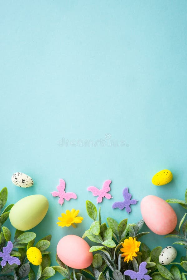 Easter Background with Eggs, Butterflies and Spring Flowers at Blue ...