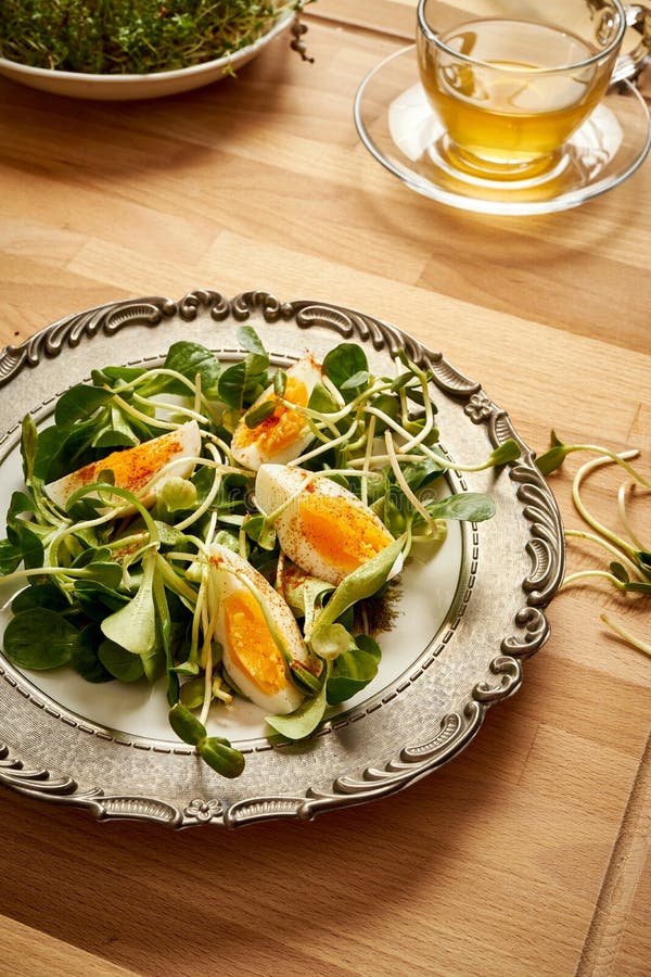 Spring and Easter Breakfast with Eggs and Cress Sprouts with Tea and ...