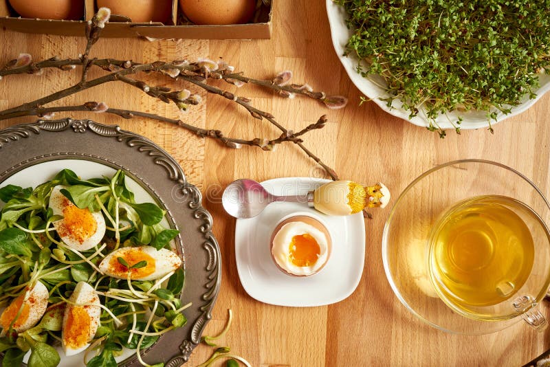 Spring and Easter Breakfast with Eggs and Cress Sprouts with Tea and ...