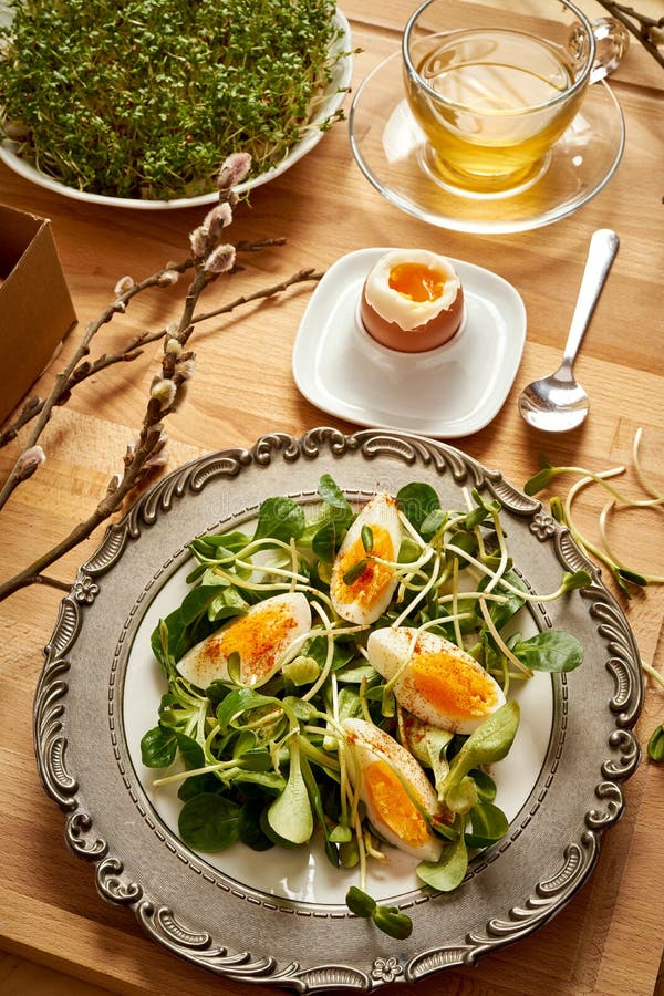 Spring and Easter Breakfast with Eggs and Cress Sprouts with Tea and ...