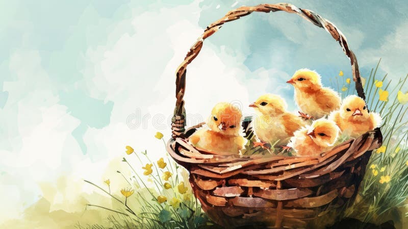 Spring Easter Chicks in Basket Illustration. Watercolor Easter Chicks ...