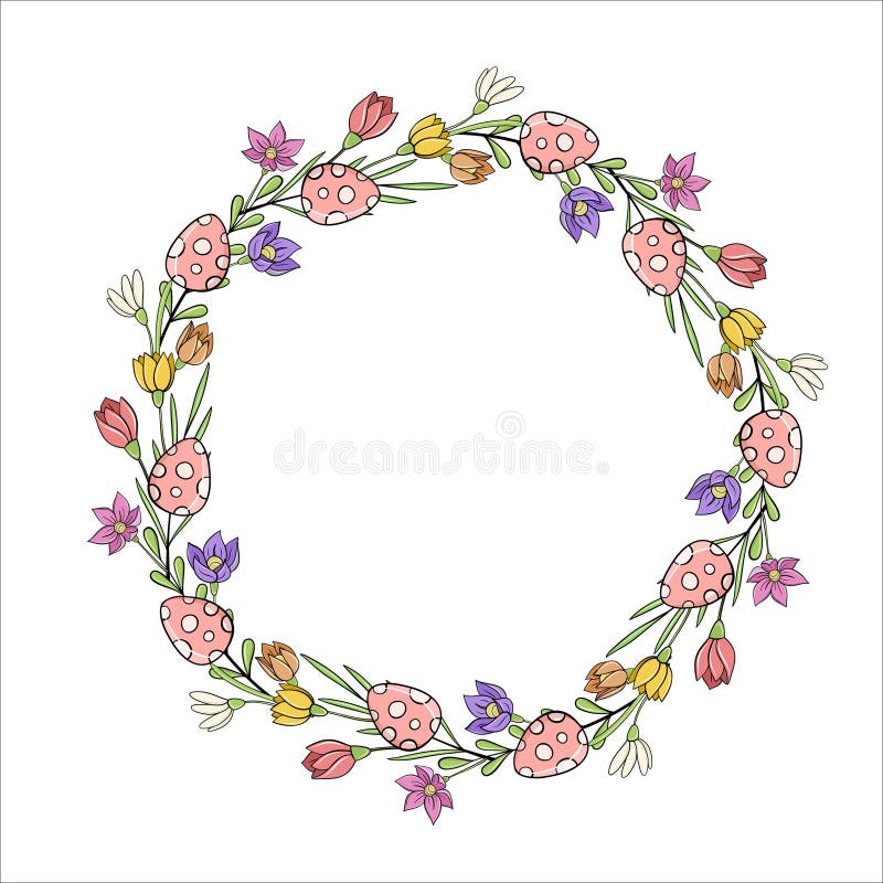 Spring Easter Circle Frame Border with Bright Flowers and Eggs Stock ...