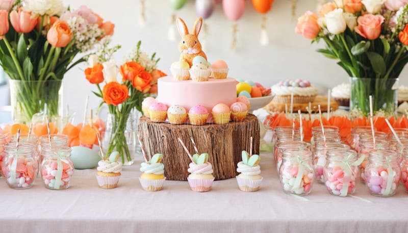 Spring Easter Dessert Table with Bunny Cupcakes, Floral Decor, and ...