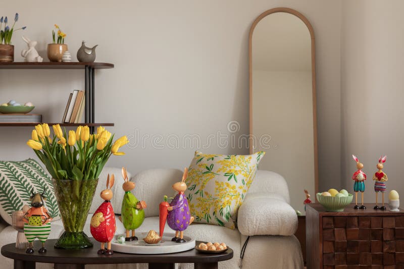 Spring-inspired Easter Display with Fresh Yellow Tulips, Ceramic Bunny ...