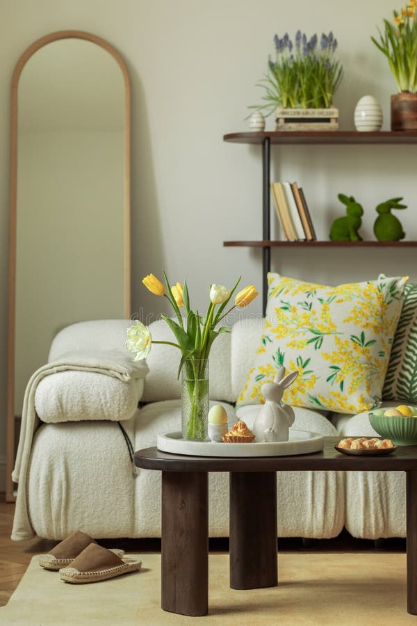 Spring-inspired Easter Display with Fresh Yellow Tulips, Ceramic Bunny ...