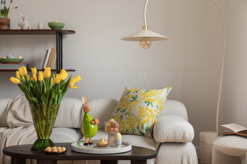 Spring-inspired Easter Display with Fresh Yellow Tulips, Ceramic Bunny ...