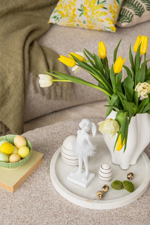 Spring-inspired Easter Display with Fresh Yellow Tulips, Ceramic Bunny ...