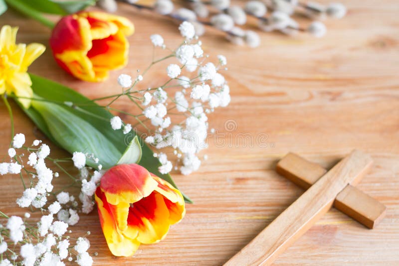 Spring Easter Flowers and Cross on Wooden Background Stock Image ...