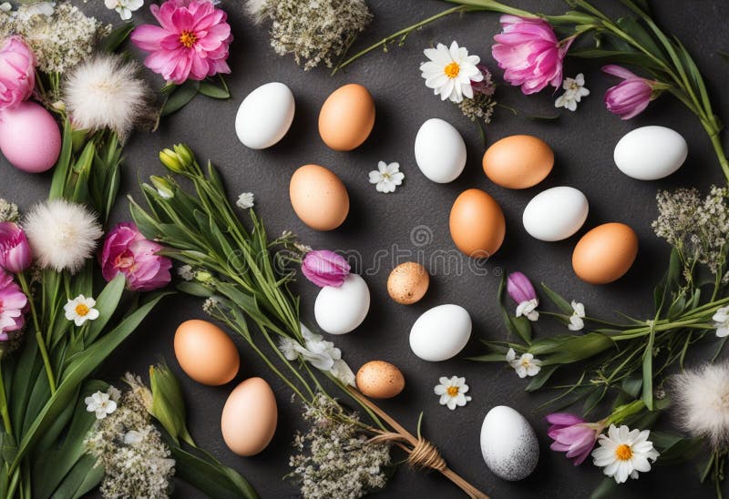 Spring Easter Holiday Top View Flat Lay Background with Eggs in Nests ...