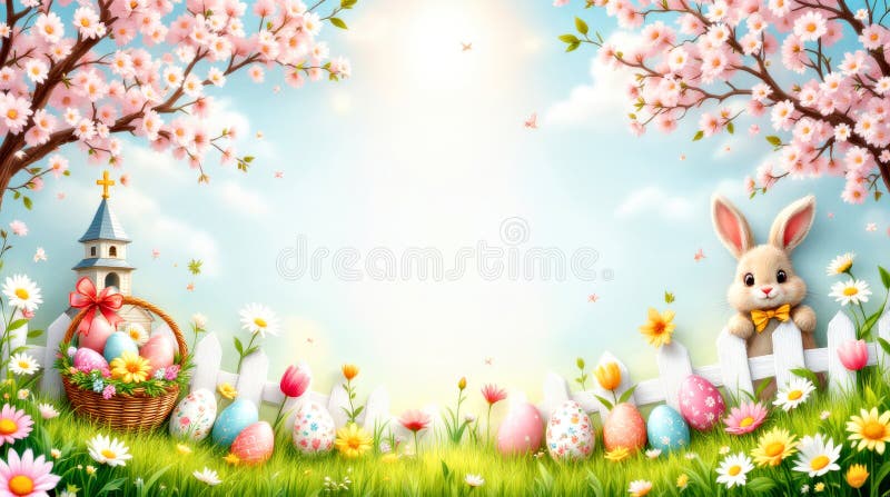 Spring Easter Scene with Bunny, Painted Eggs, Cherry Blossoms, and ...