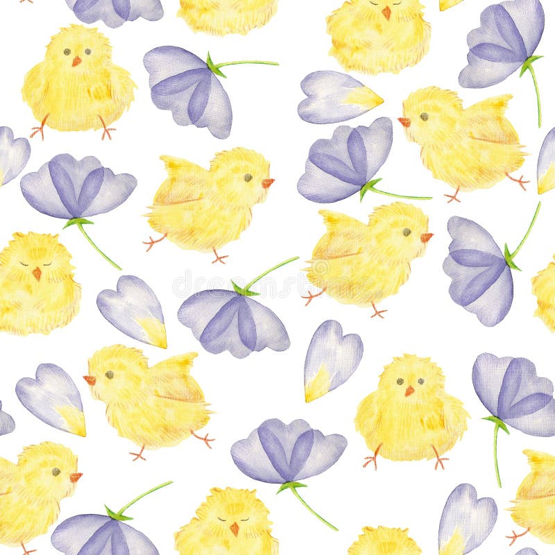 Spring Easter Seamless Pattern. Chickens and Purple Flowers Stock ...