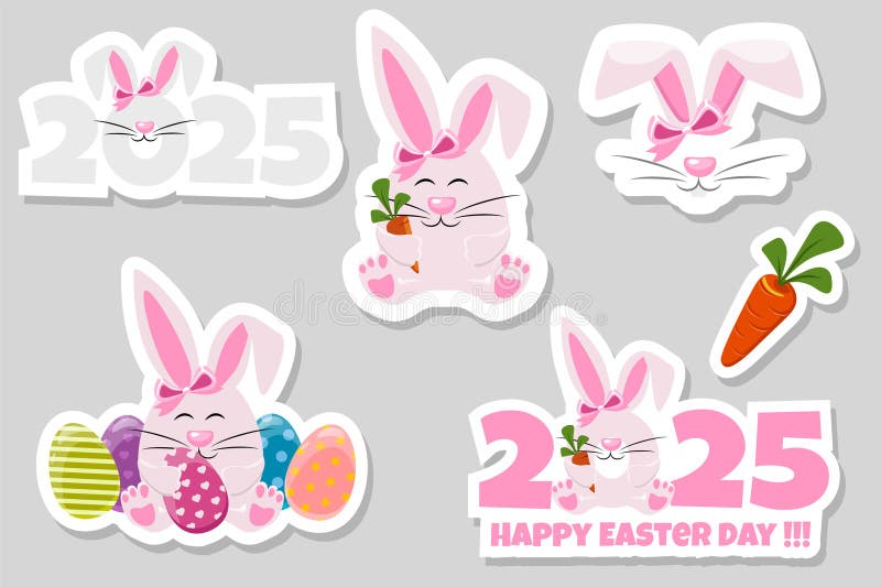 Spring Easter Sticker Set with Rabbits, Carrot and 2025. Bunny with ...
