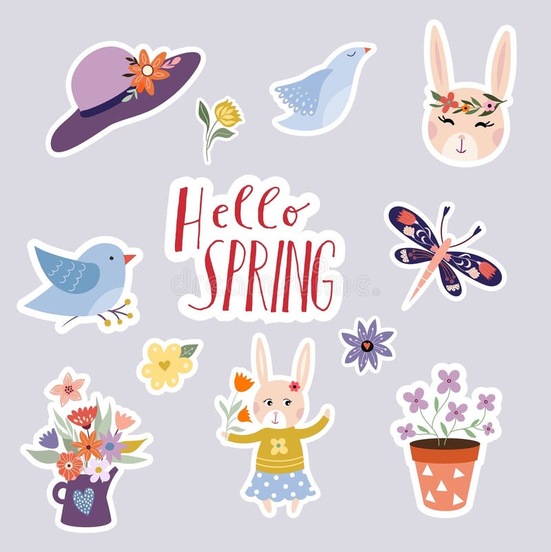 Spring Easter Sticker Set with Rabbits and Flowers Stock Vector ...