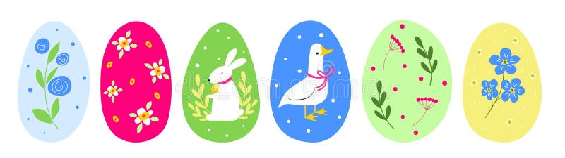 Spring and Easter Vector Set of Cute Eggs with Goose, Rabbit and ...