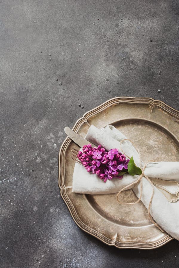 Spring Elegant Table Place Setting with Violet Lilac, Silverware on ...