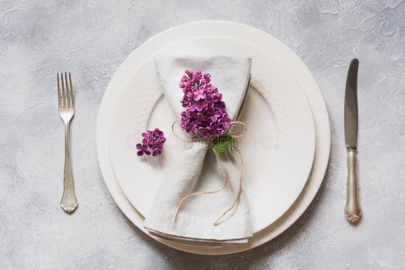 Spring Elegant Table Place Setting with Violet Lilac, Silverware on ...