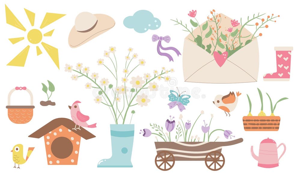 Spring Elements Set and Gardening Tools Isolated on White Background. Vector Flat Illustration ...