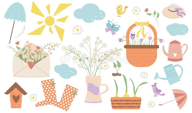 Spring Elements Set and Gardening Tools Isolated on White Background ...