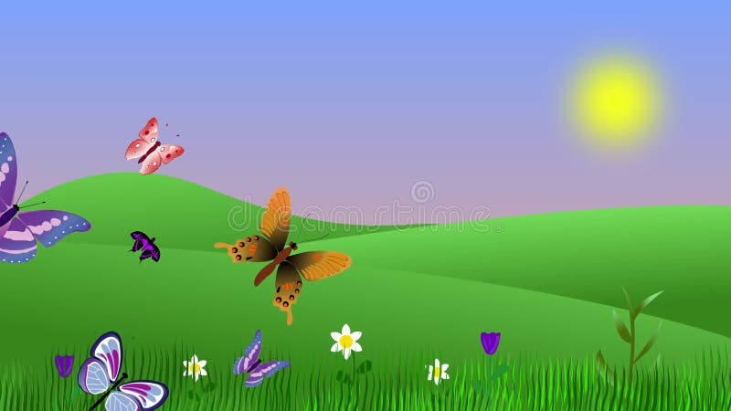 Spring Environment Animation with Butterflies and Fields, Flat Graphic ...
