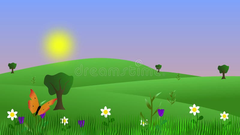 Spring Environment Animation with Butterflies and Fields, Flat Graphic ...