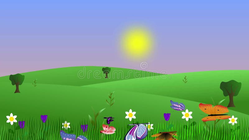 Spring Environment Animation with Butterflies and Fields, Flat Graphic ...