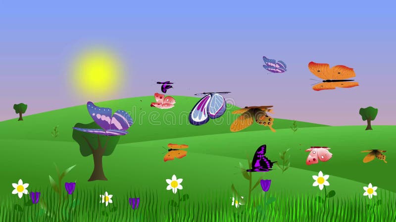 Spring Environment Animation with Butterflies and Fields, Flat Graphic ...