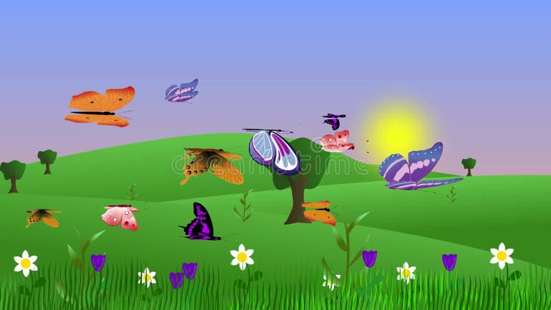 Spring Environment Animation with Butterflies and Fields, Flat Graphic ...
