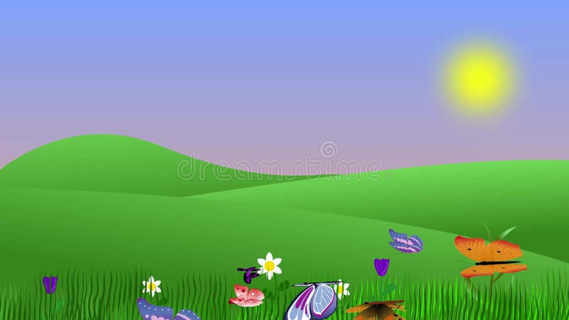 Spring Environment Animation with Butterflies and Fields, Flat Graphic ...