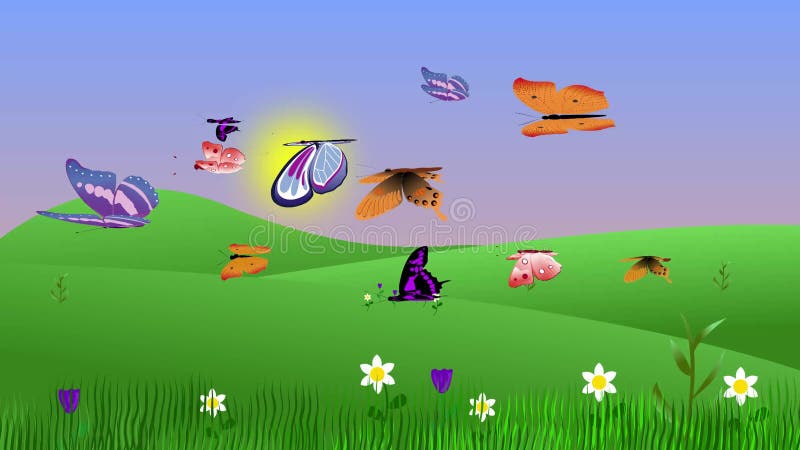 Spring Environment Animation with Butterflies and Fields, Flat Graphic ...
