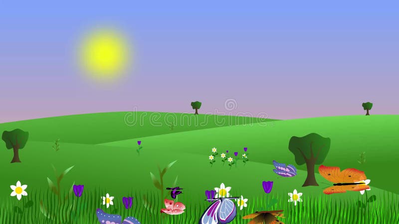 Spring Environment Animation with Butterflies and Fields, Flat Graphic ...