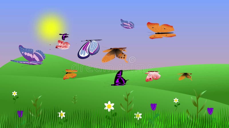 Spring Environment Animation with Butterflies and Fields, Flat Graphic ...