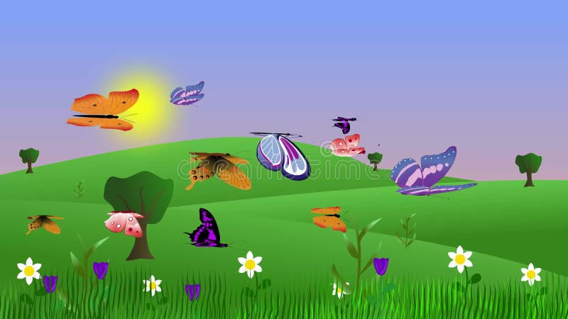 Spring Environment Animation with Butterflies and Fields, Flat Graphic ...
